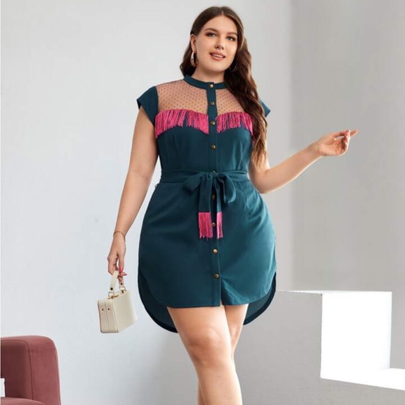 Dresses | Dobby Mesh Insert Fringe Trim High Low Hem Belted Dress Brand ...